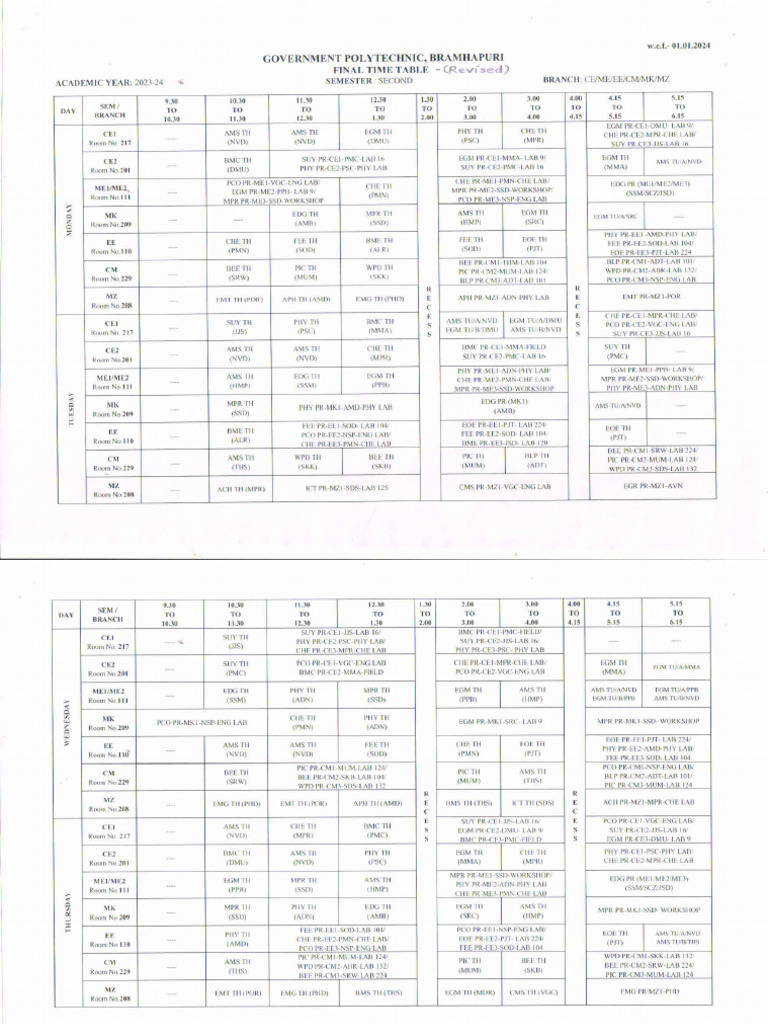 Time Table First Year | PDF