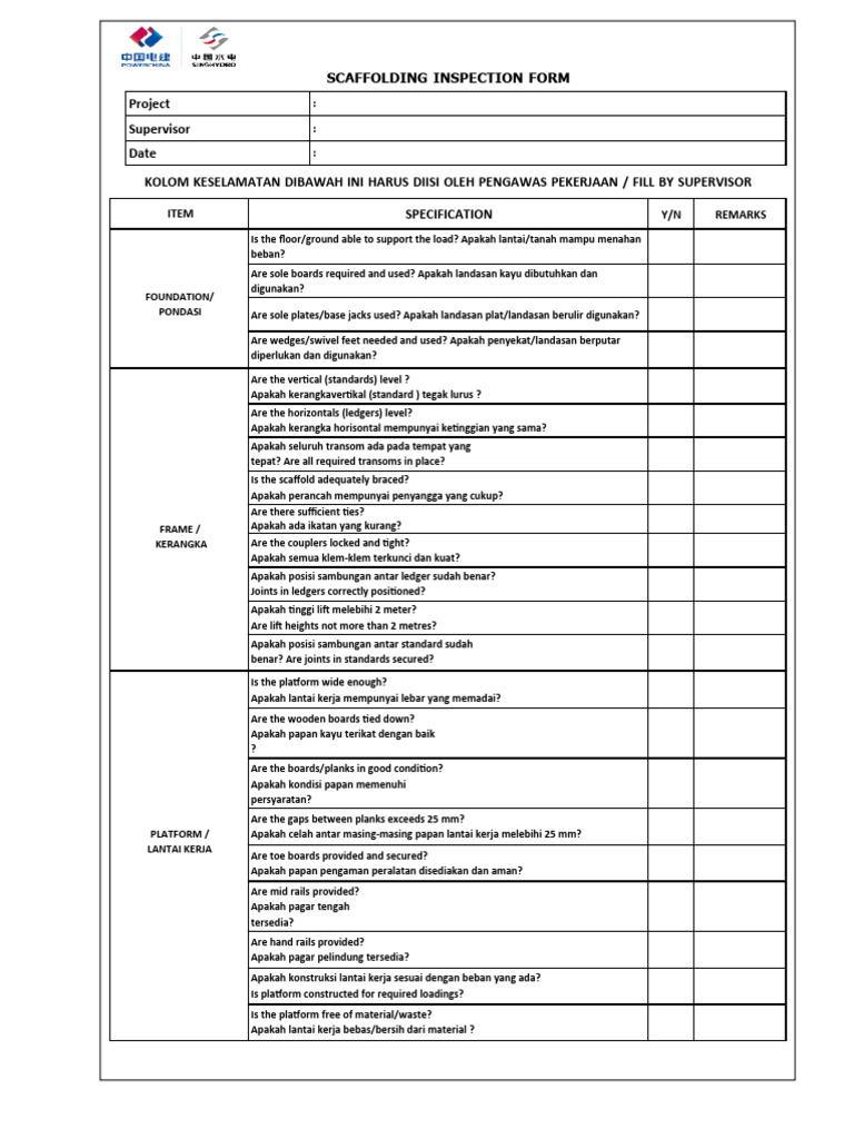 Formulir Inspeksi Perancah | PDF
