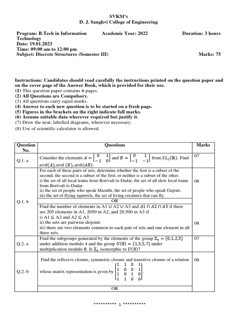 Discrete Structures QP IT | PDF | Mathematical Relations | Graph Theory