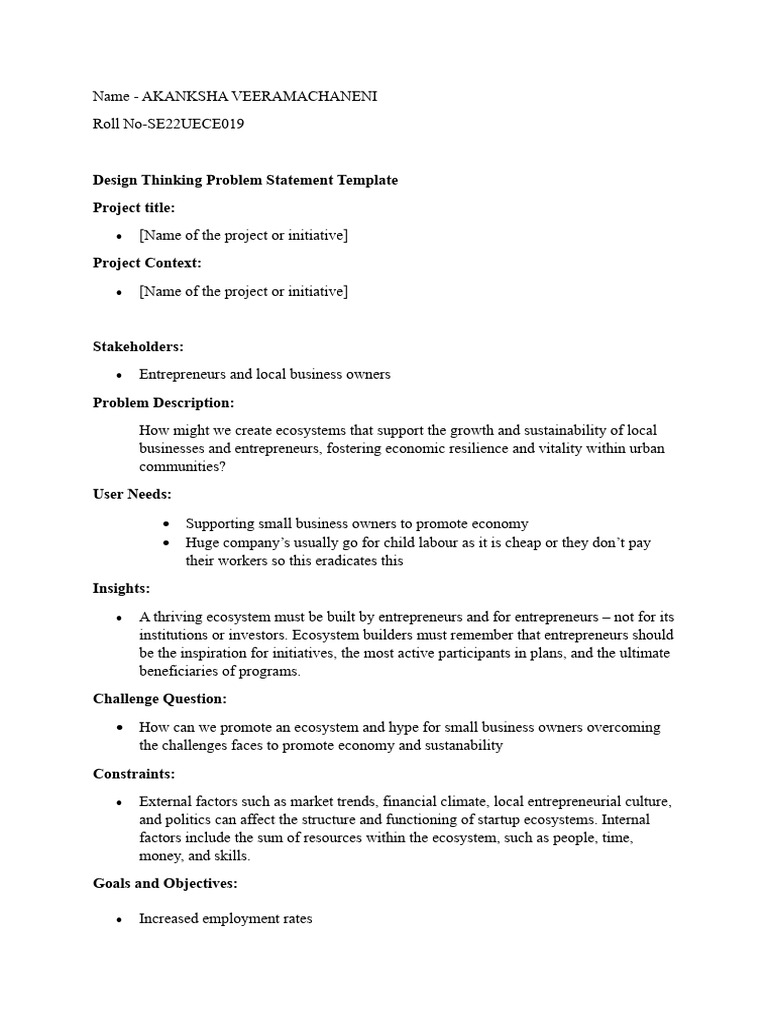 Design Thinking Problem Statement Template 1 Pdf