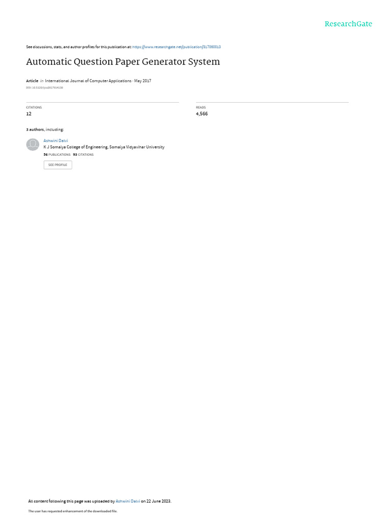 Automatic Question Paper Generator System | PDF | Automation | Information