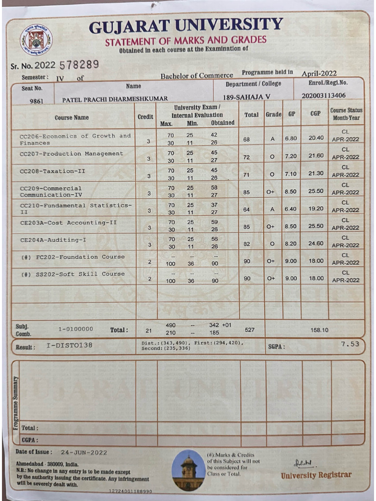 Semester 4 Mark Sheet | PDF