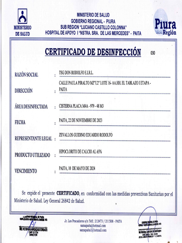 Certificado de Desinfeccion M4a979 Vence 10052420231125 - 11084596 | PDF