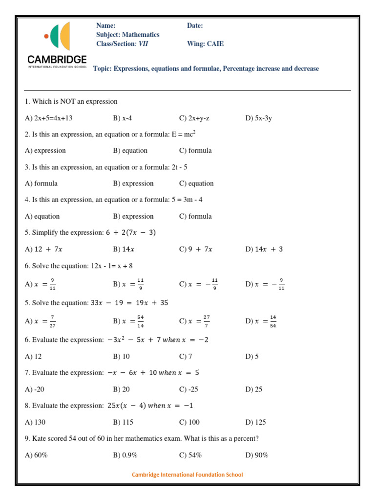 Expressions, Equations and Formulae, Percentage Increase and Decrease ...