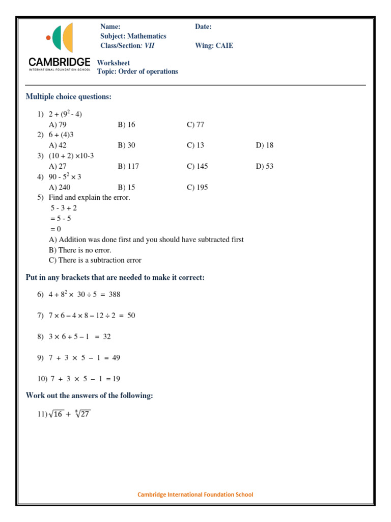 Checkpoint VII - Worksheet - Order of Operations | PDF