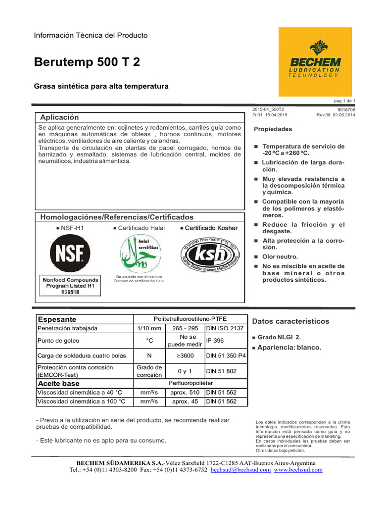 PDS Bechem Berutemp 500 T 2 (Es) | PDF | Lubricante | Rodamiento (Mecánico)