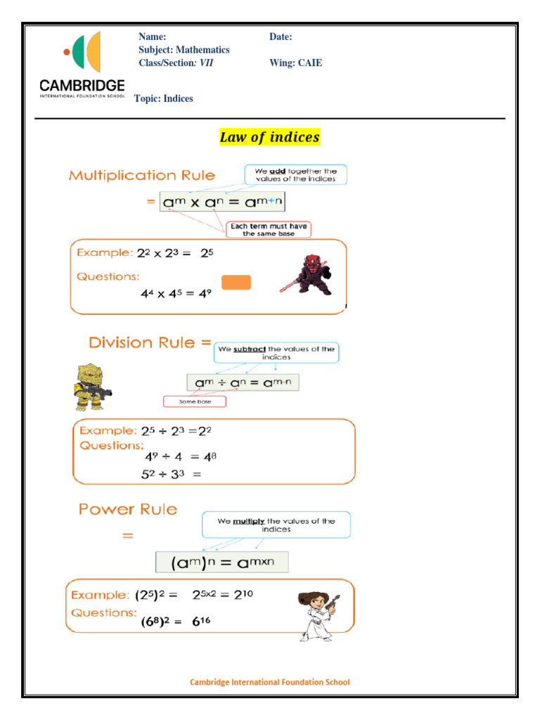 Indices Math Exercises for Class VII | PDF | Teaching Methods ...