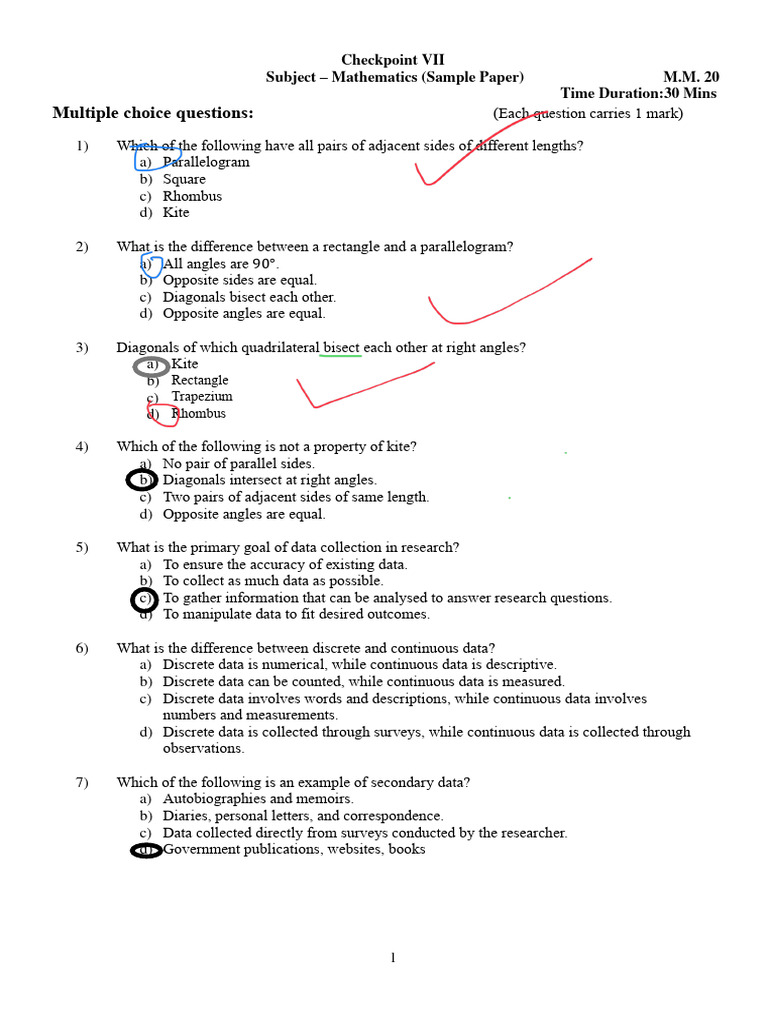 Checkpoint 7 - Mathematics - Sample Paper - MCQ | PDF | Rectangle ...