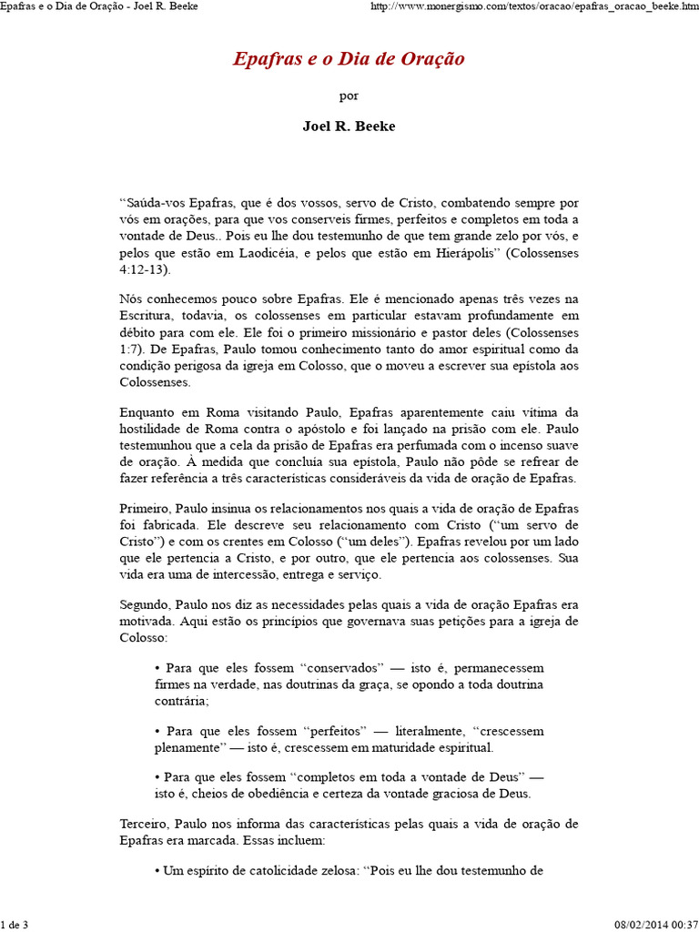Epafras e o Dia de Oração - Joel Beeke | PDF | Oração | Apóstolo Paulo