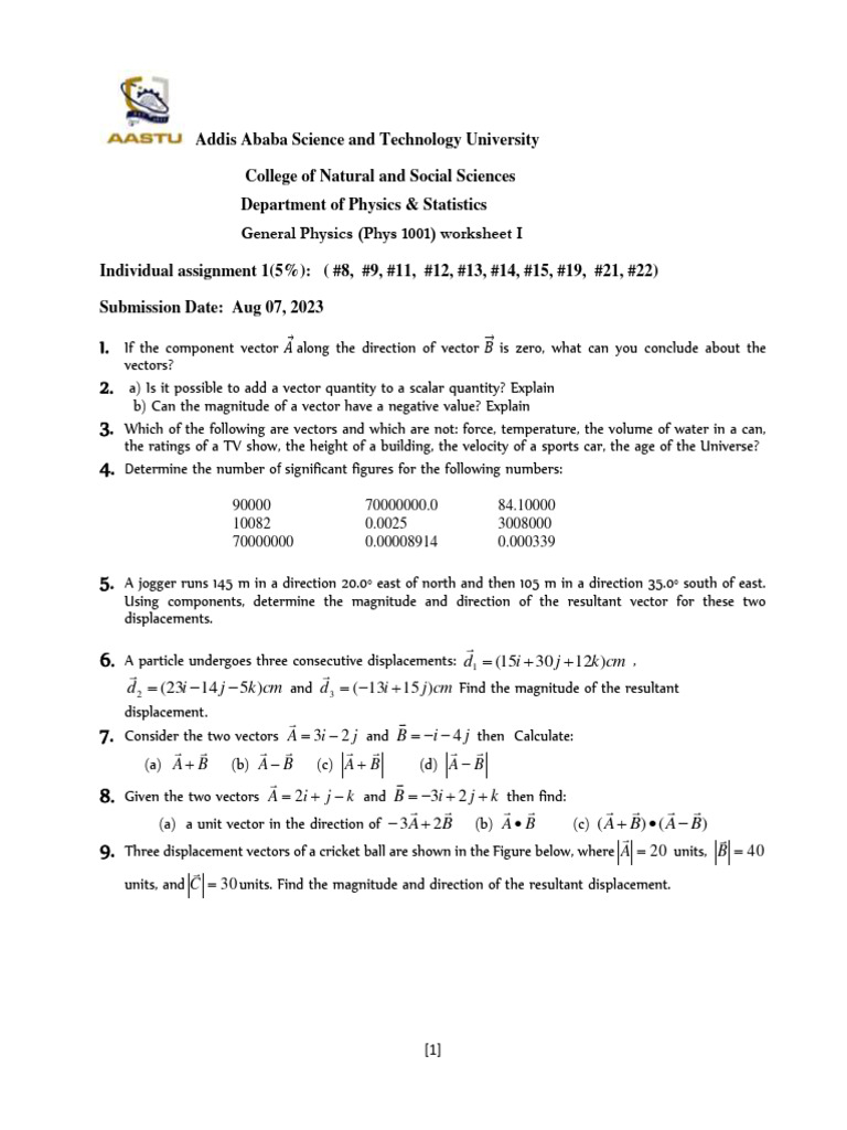Phys 1001 Work Sheet - 1 - Final - Updated - 113454 | PDF | Euclidean Vector | Motion (Physics)