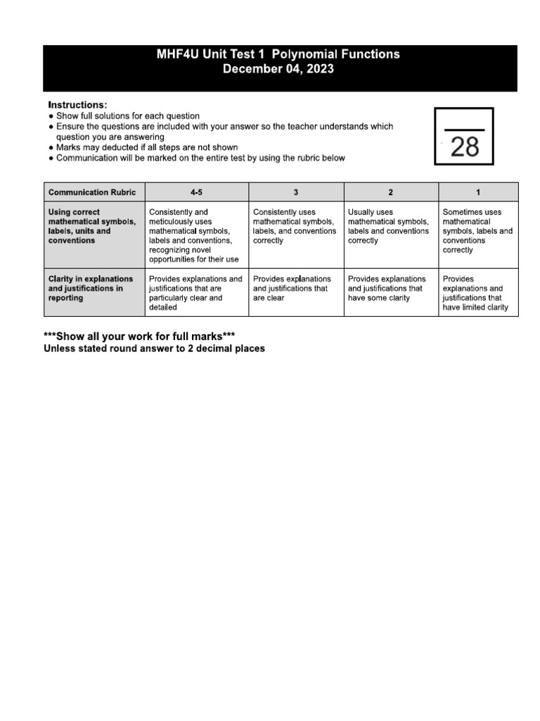 MHF4U Unit Test 1 Polynomial Functions 20231204 | PDF
