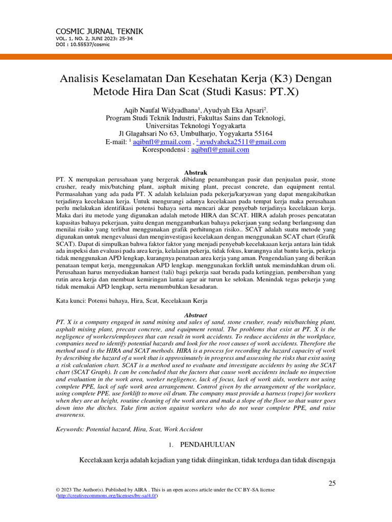 Analisis Keselamatan Dan Kesehatan Kerja (K3) Dengan Metode Hira Dan Scat (Studi Kasus: PT.X ...