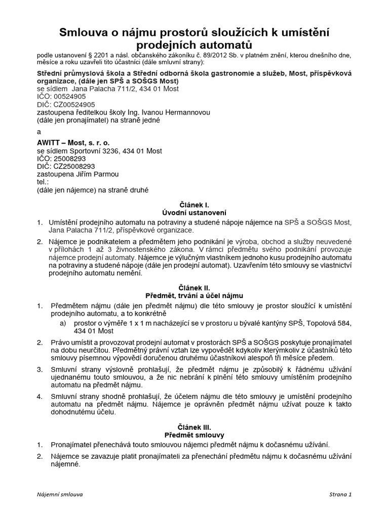 AWITT - Smlouva o Nájmu Prostorů - Prodejní Automaty | PDF