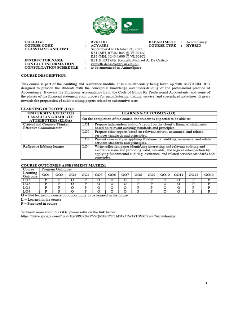 ACYASR1 Syllabus T1-AY2023-2024 | PDF | Audit | Financial Audit