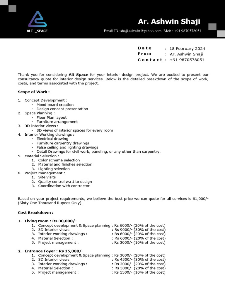 Architect Fee Proposal - 18.02.2024 | PDF | Interior Design