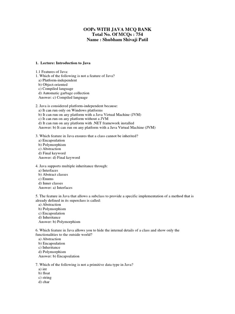 1.OOPs MCQ BANK | PDF | Java Virtual Machine | Class (Computer Programming) 1.OOPs MCQ BANK | PDF | Java Virtual Machine | Class (Computer Programming)