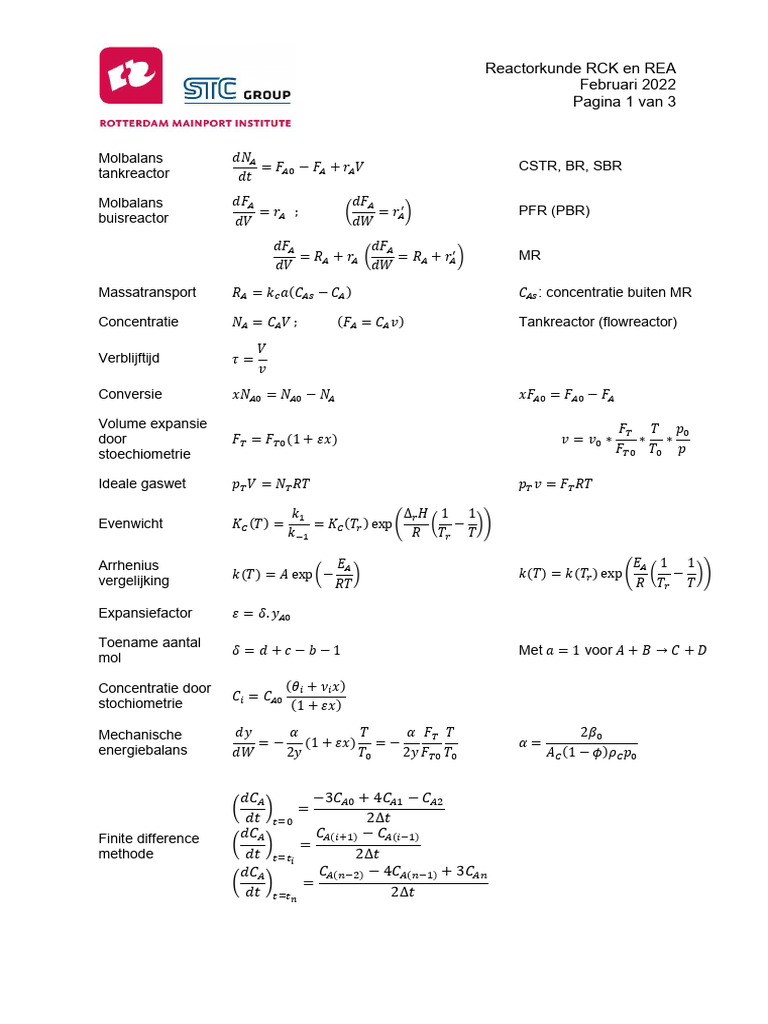 Formuleblad Reactorkunde Versie Feb 22 | PDF