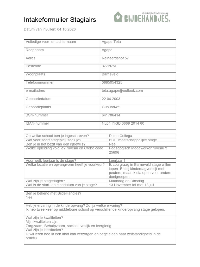 Intakeformulier Stagiairs 2 | PDF