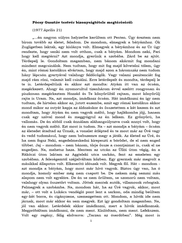 Pocsi Gusztav Testver Bizonysagtetele Megtereserol | PDF