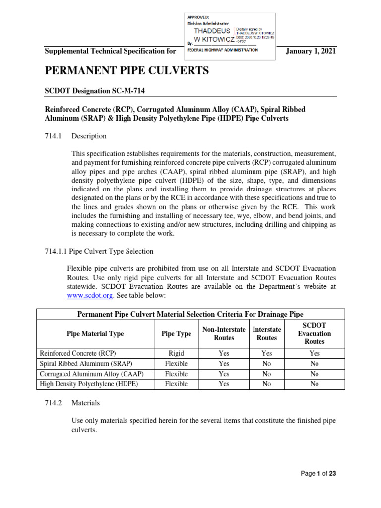 SCDOT Specification for Pipe Culverts | PDF | Pipe (Fluid Conveyance ...