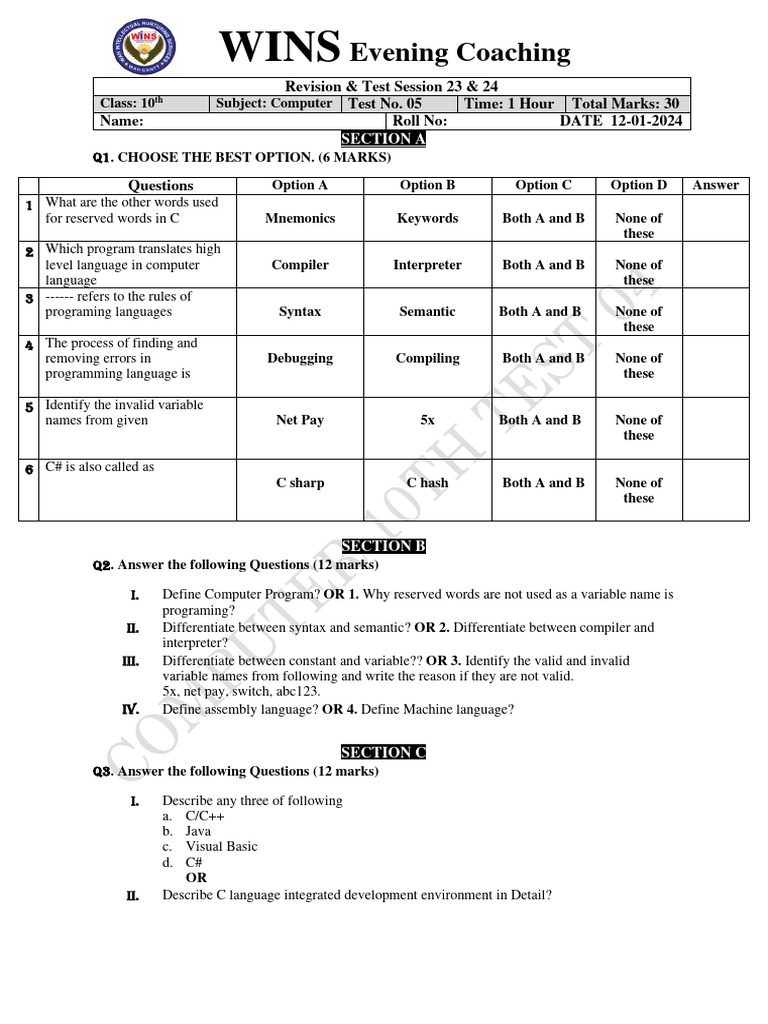 5TH Test 10TH | PDF | Reserved Word | C Sharp (Programming Language)