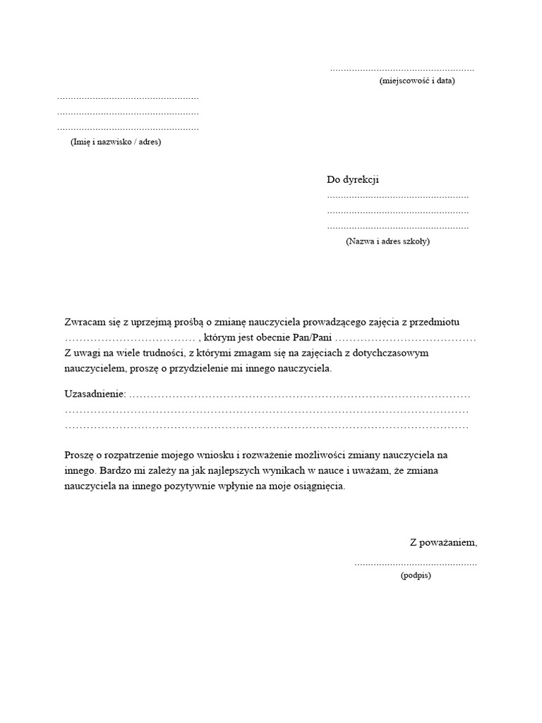 Podanie o Zmiane Nauczyciela | PDF