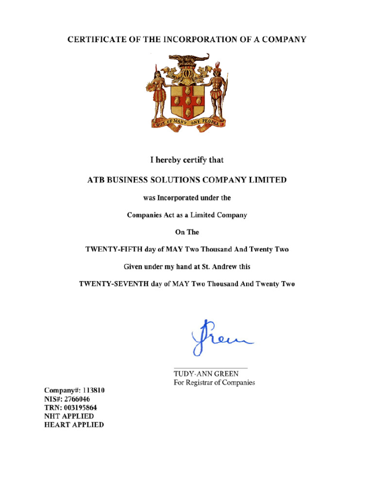 Atb Business Solutions Company Limited - Certificate of Incorporation ...