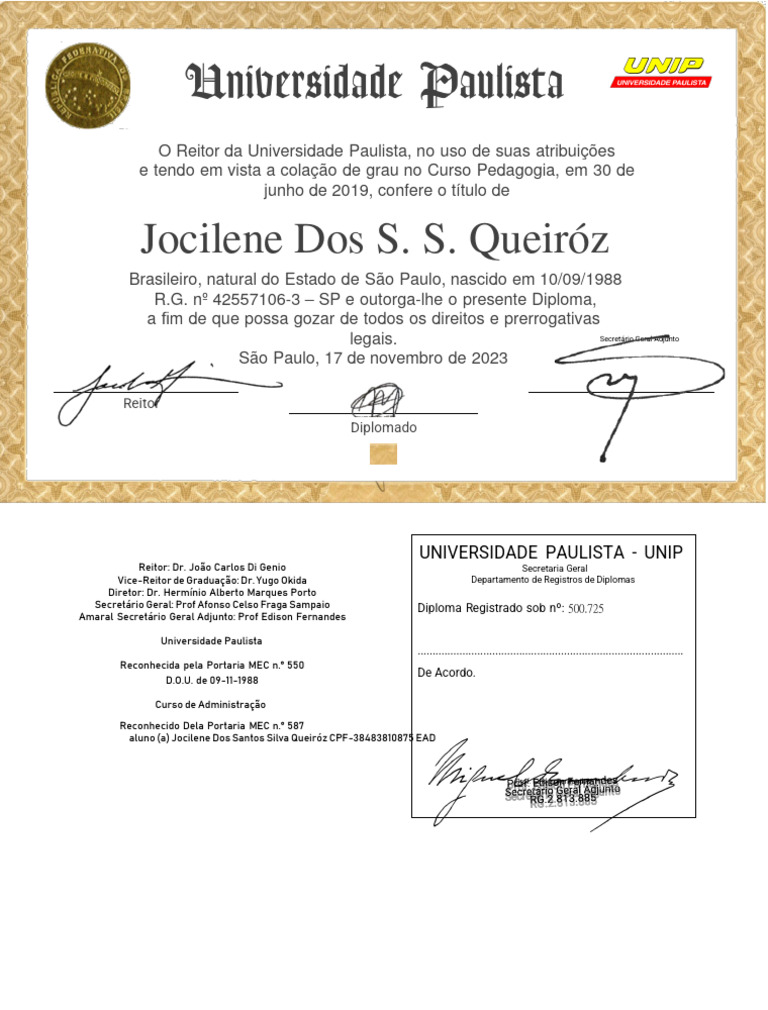 Diploma - Pedagógica Unip - Jocilene Dos Santos Silva Queiróz | PDF ...