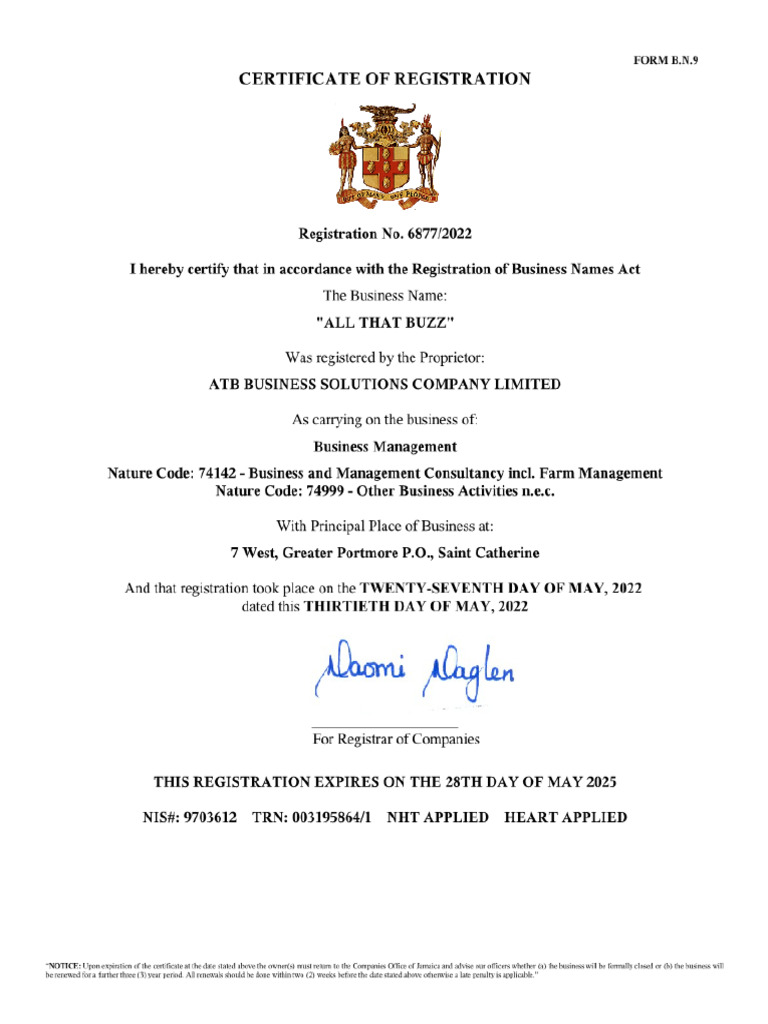 ALL THAT BUZZ - Certificate of Registration (Business Names) (Print) | PDF