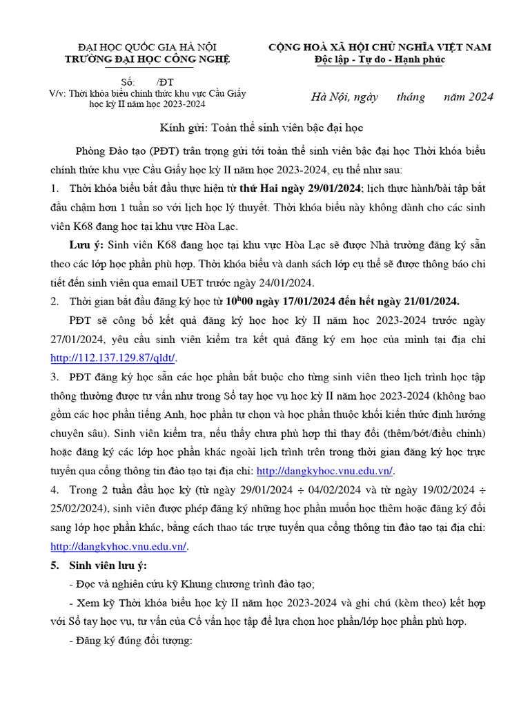 3. CV chinh thuc TKB học kỳ II năm học 23-24 gui SV - khu vuc Cau Giay | PDF