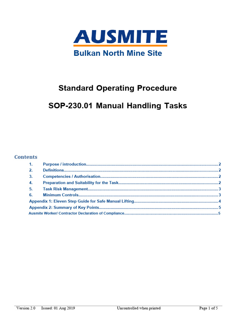 Ausmite SOP 230 01 Manual Handling Tasks | PDF | Safety