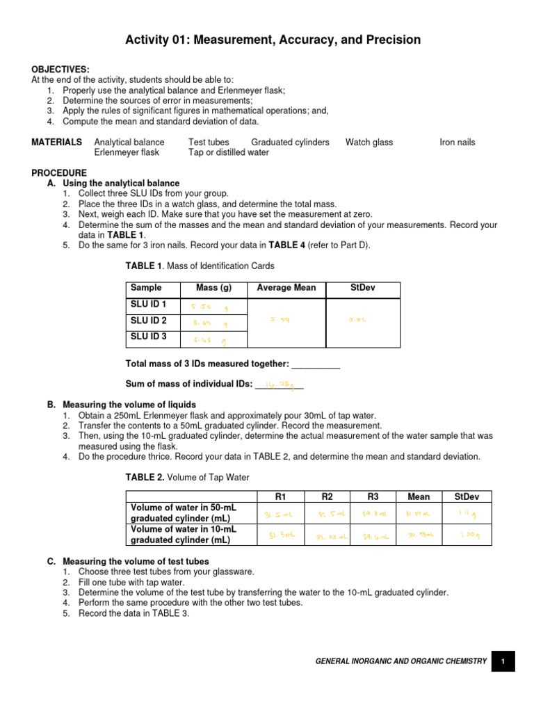 MLS 121L Activity 01 Measurement Accuracy and Precision | PDF ...