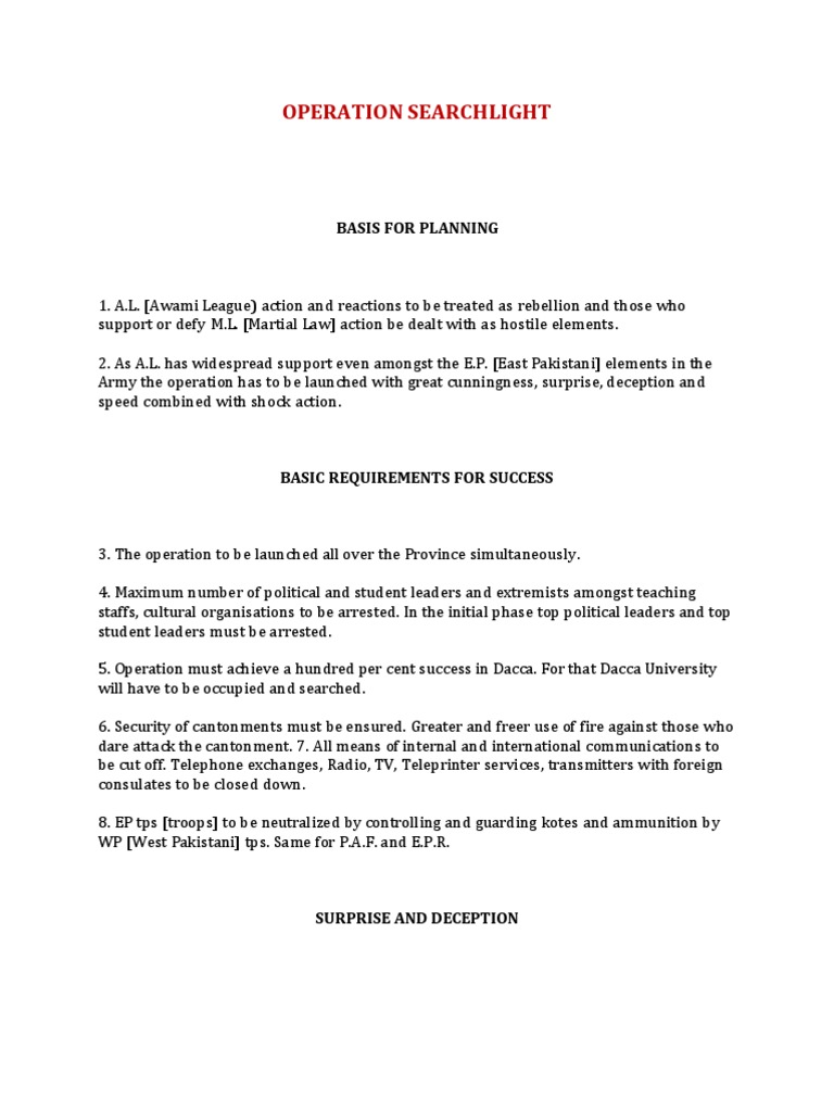 Operation Searchlight: Basis For Planning | PDF | Warfare | Bangladesh
