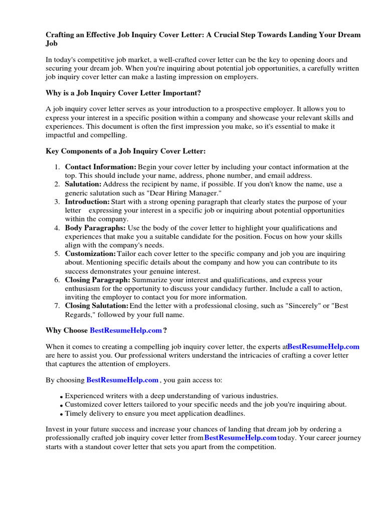 Sample Cover Letter Job Inquiry | PDF | Inquiry | Information