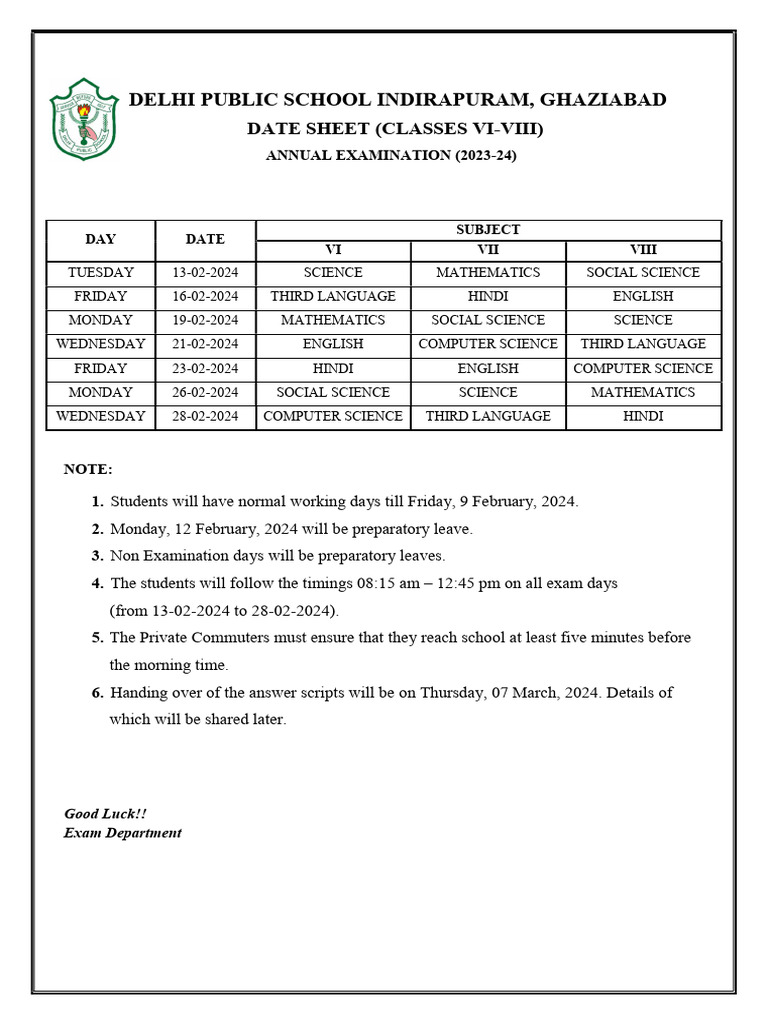 Annual Exam Date Sheet 2023-24 | PDF