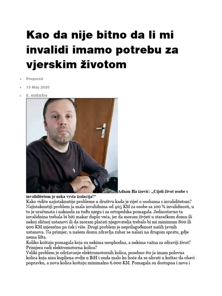 Kao Da Nije Bitno Da Li Mi Invalidi Imamo Potrebu Za Vjerskim Životom | PDF