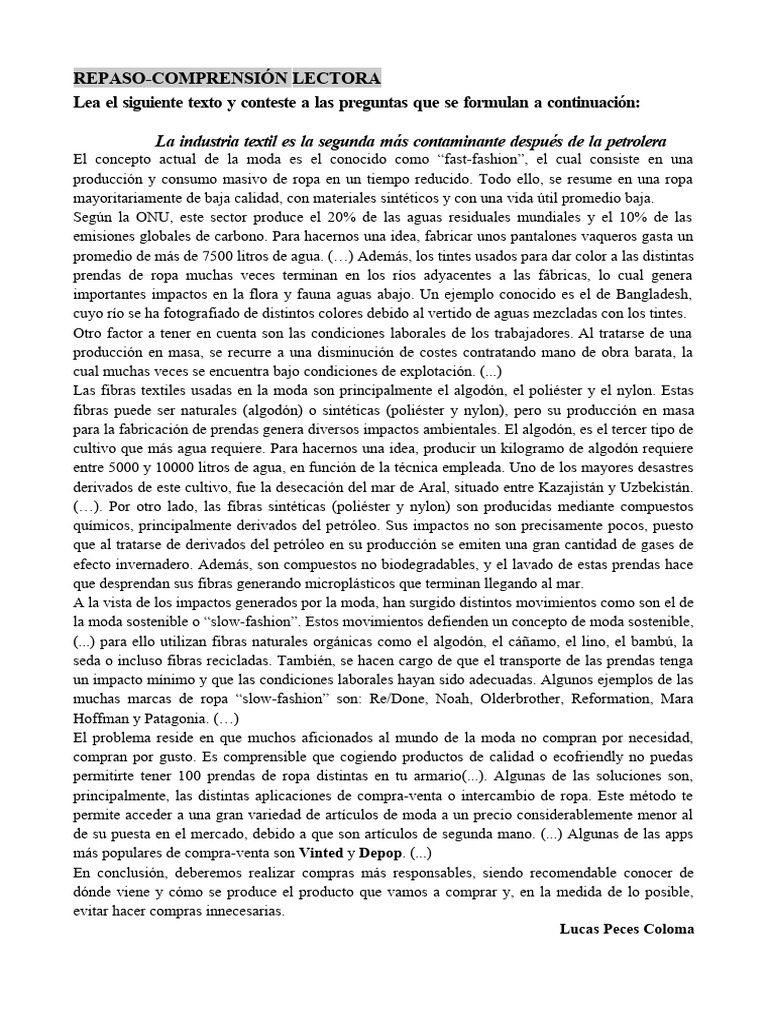 Repaso Comprensión Lectora | PDF | Algodón | Ropa