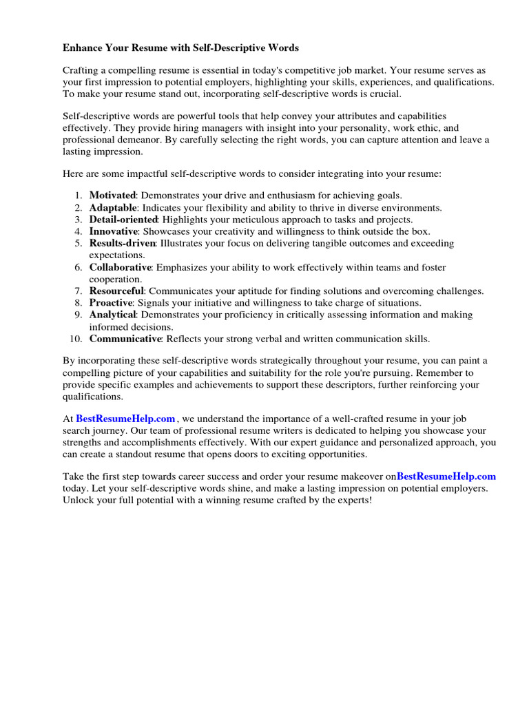 Self Descriptive Words For Resume | PDF | Résumé | Communication