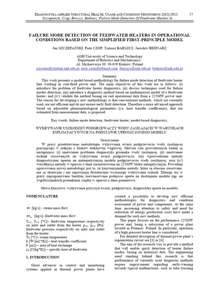 FAILURE MODE DETECTION OF FEEDWATER HEATERS IN OPERATIONAL CONDITIONS ...