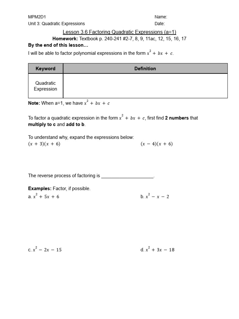 Lesson 3.6 Factoring Quadratic Expressions a=1 | PDF
