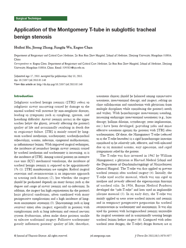 Application of The Montgomery T-Tube in Subglottic Tracheal Benign ...