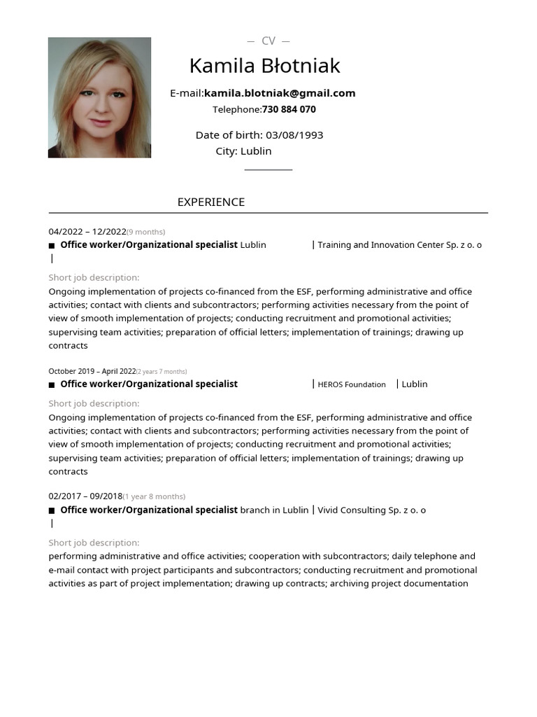 CV Kamila Błotniak ENG | PDF | Business
