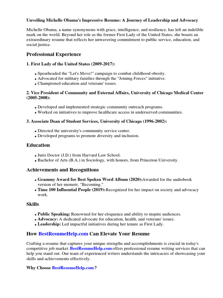 Michelle Obama Resume | PDF | Michelle Obama | Résumé