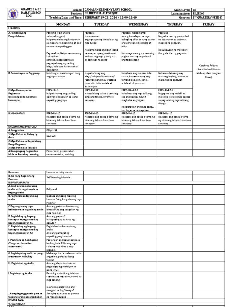 DLL FILIPINO-3 Q3 W4-New | PDF