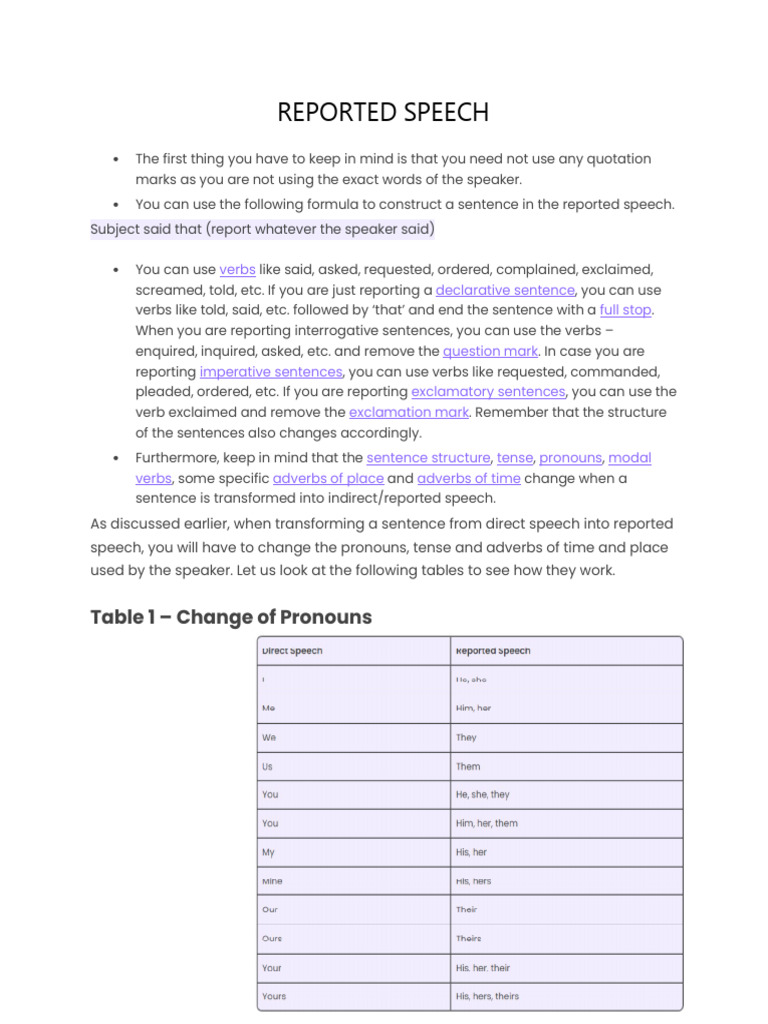 Reported Speech | PDF | Verb | Sentence (Linguistics)
