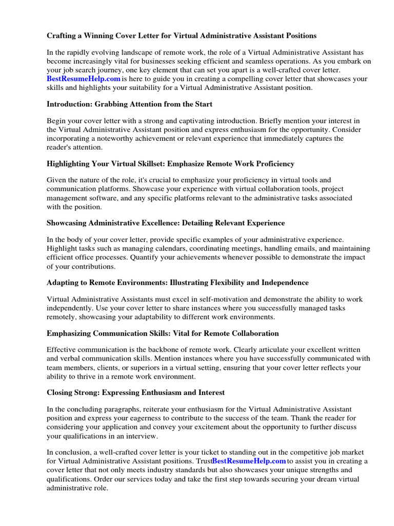 Cover Letter For Virtual Administrative Assistant | PDF | Résumé ...