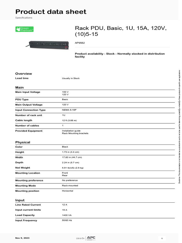 NetShelter Basic Rack PDUs - AP9562 | PDF | Electronics | Electrical ...
