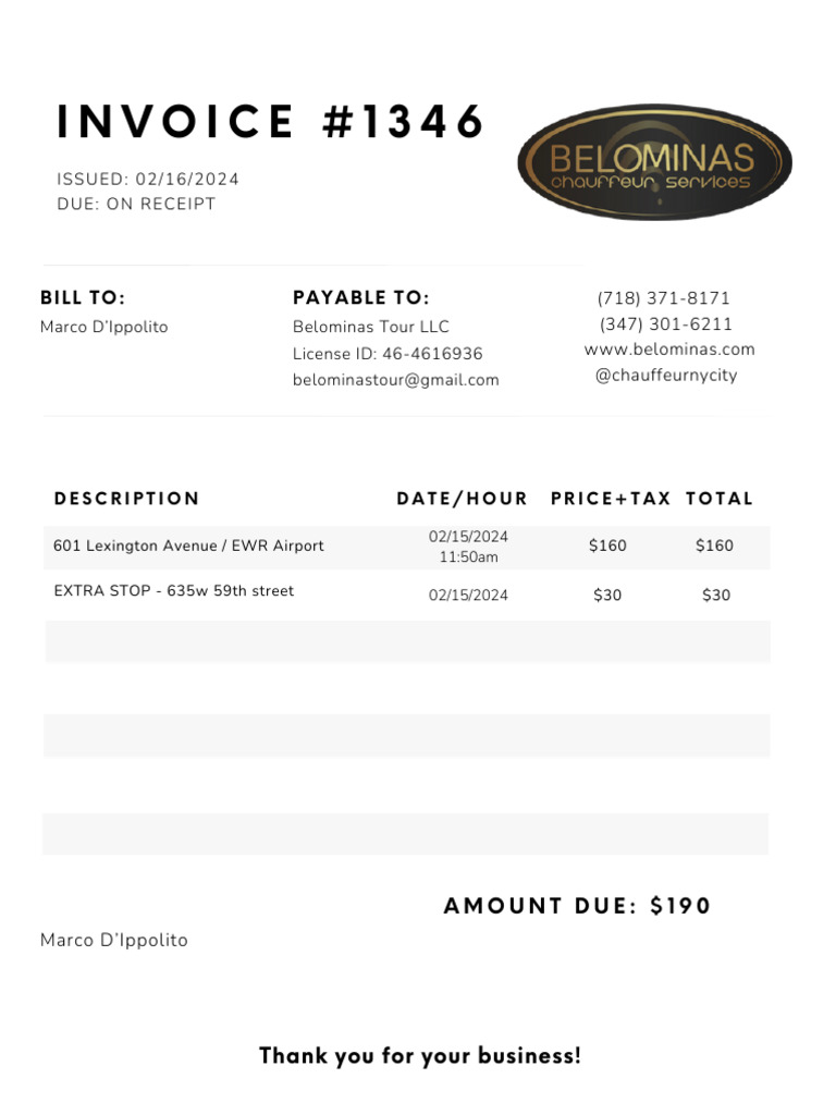 Invoice Marco D'Ippolito 02.15.2024 - Belominas Tour LLC | PDF