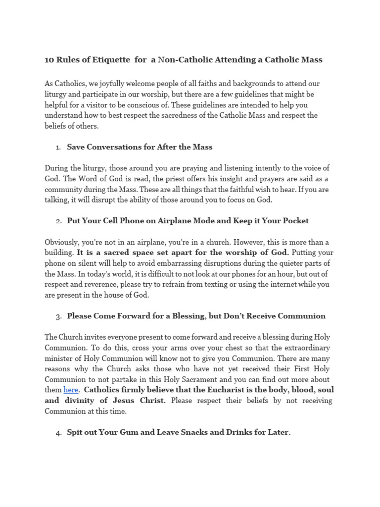 Non-Catholic Mass Etiquette Guide | PDF | Eucharist | Worship