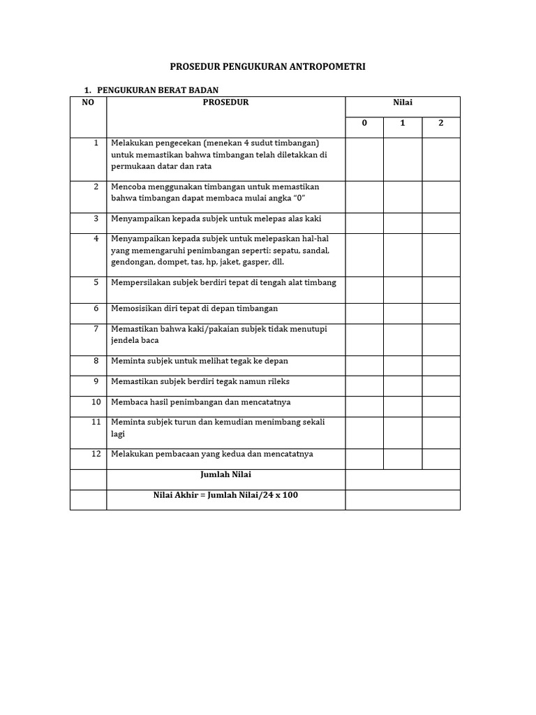 Form Ceklist PROSEDUR PENGUKURAN ANTROPOMETRI | PDF